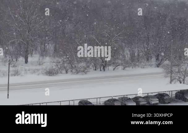 Heavy snow falls over a snow-covered road and forest during a winter ...