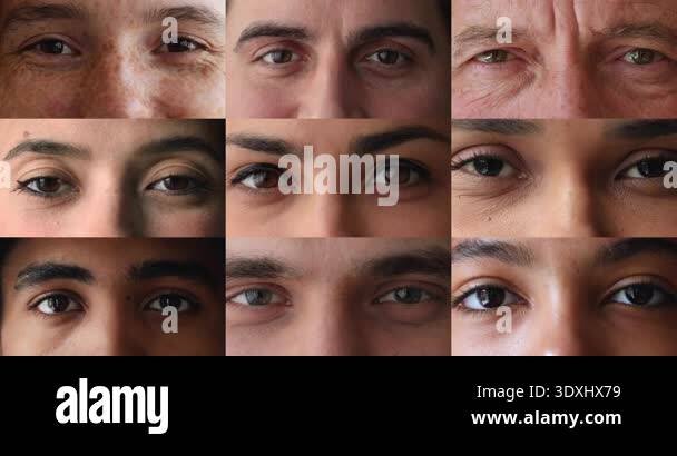 Eyes close up of various senior and young people looking at camera ...