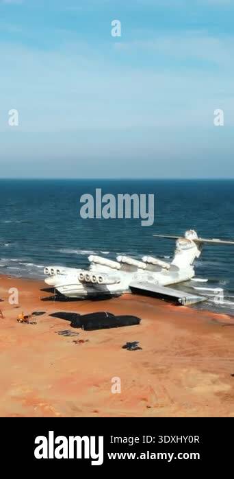 Aerial footage showing the unique soviet lun class ekranoplan resting ...