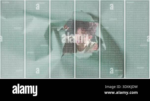 Crouching woman touching binary code curtain, tearing panels open for ...