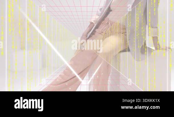Female model posing in tech corridor with grid while neon triangle ...