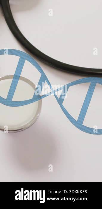 Animation of dna strand over vials and stethoscope on white background ...