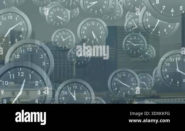 At start faint analog clocks drifting over cloudy skyline swirling ...