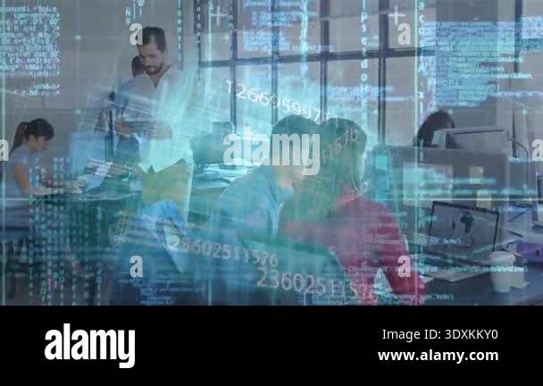 Code overlay pulsing and guiding software team pointing at laptop as ...