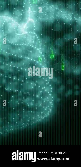 Forming abstract hand shape, digital binary code with glowing particles ...