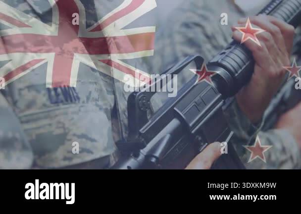 Camera pulling back revealing three soldiers gripping rifles, flag ...