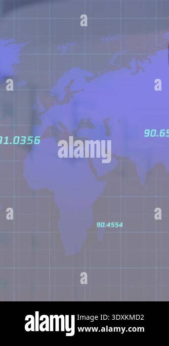 Multiple numbers floating over world map against caucasian woman using ...