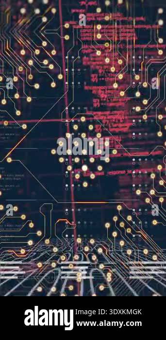 Animation of computer circuit board over data processing. Global ...