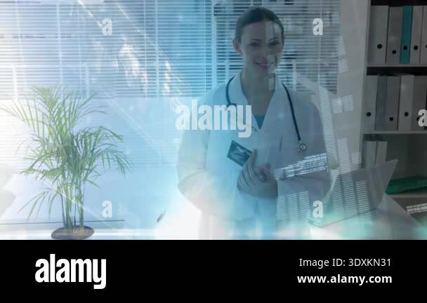 Doctor entering medical office as overlays materializing tapping ...