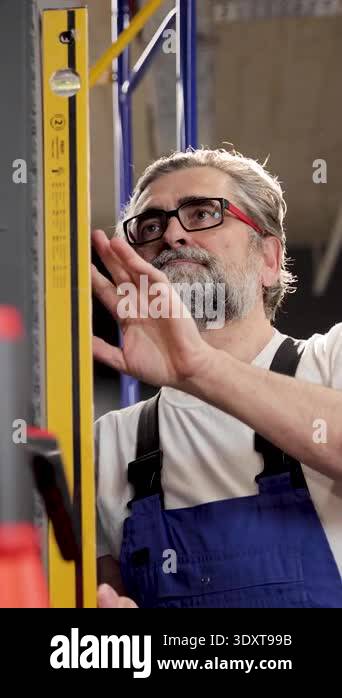 Builder man with a beard and glasses carefully measuring a structure's ...