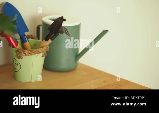 A set of gardening tools and a watering can are placed on a wooden ...