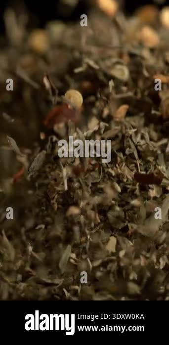 super slow motion exploding spices herbs in slow motion. closeup ...