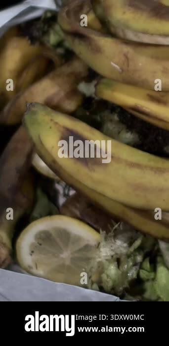 Super Slow Motion, Close Up Banana Peels Landing Inside Bin, Moody ...