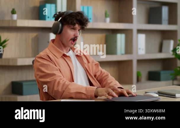 Caucasian business man funny dancing moving singing song wearing ...