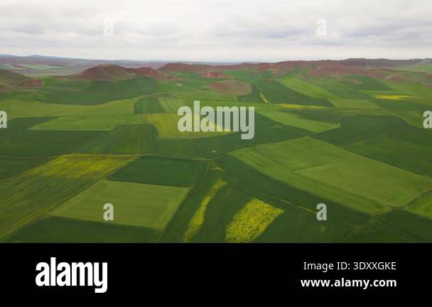 Aerial footage of large farmland with fields of corn, wheat, sunflower ...