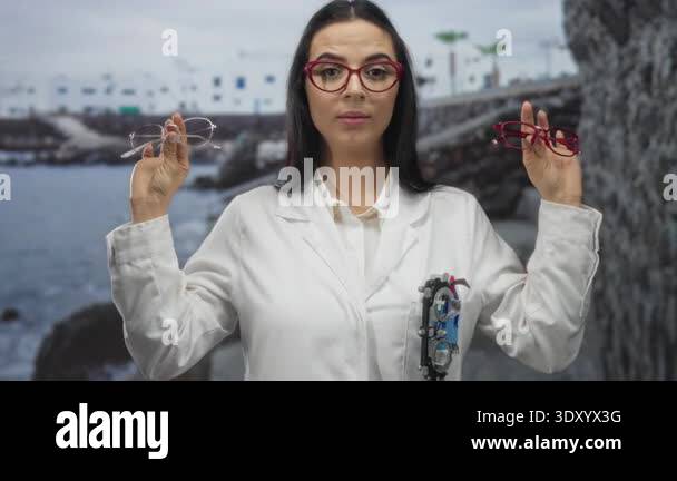 Woman optician in uniform holding glasses at seaside beach with sea and ...