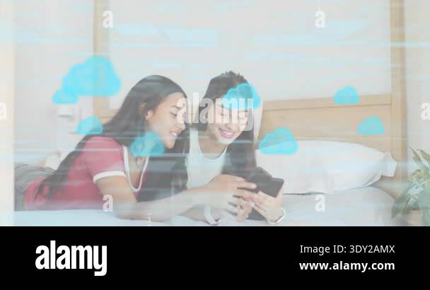 Pair scrolling tablet, summoning cloud computing icons and binary ...
