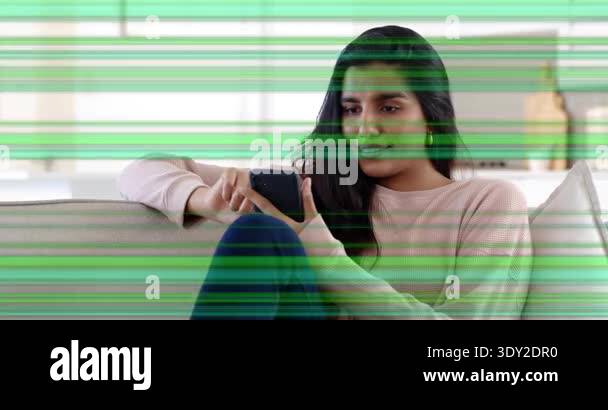 woman tapping smartphone screen to unlock and scrolling for checking ...