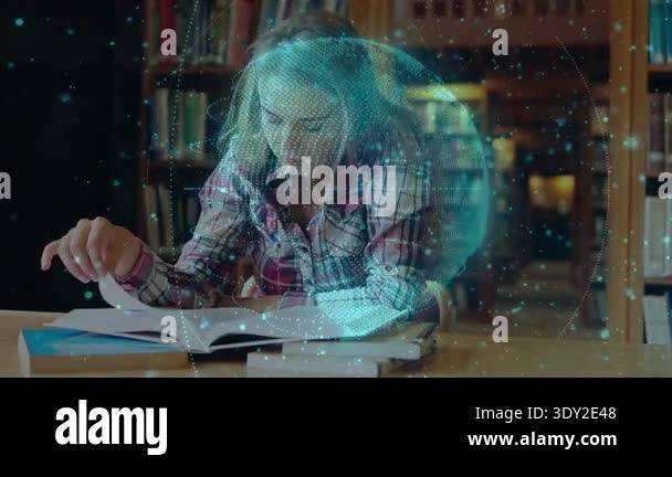 Female student leaning over book at library desk hologram globe ...