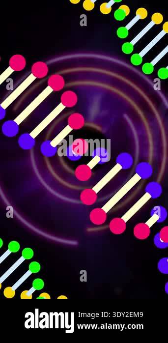 DNA strands and circular patterns, scientific data processing animation ...