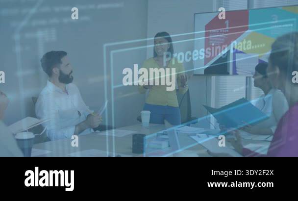 Presenter greeting outlining chart while data overlay animation driving ...