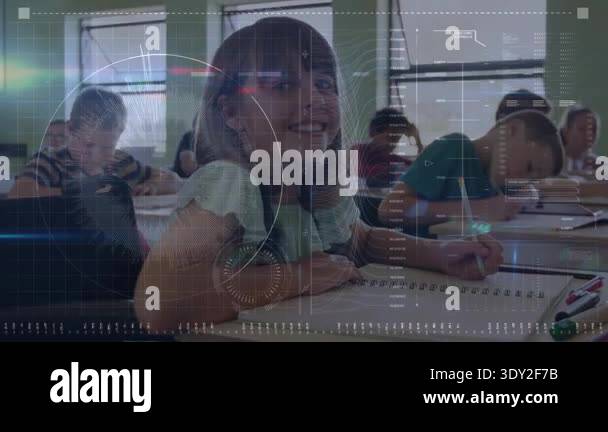 Child girl glancing upward while writing activating overlays on ...