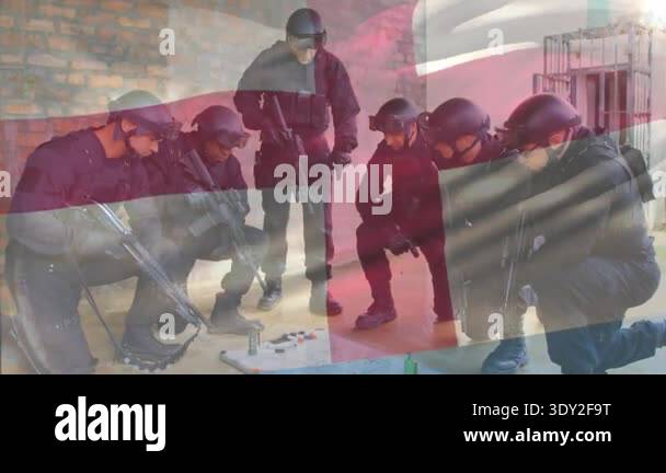 Six military officers entering brick room placing map scattering tokens ...