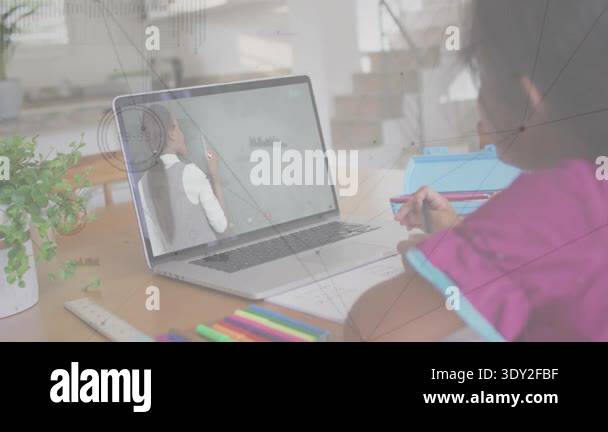 Schoolgirl logging into online lesson and copying instructor's geometry ...