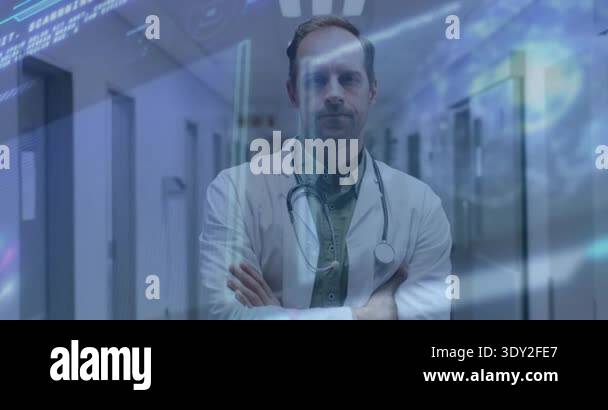 Doctor with stethoscope analyzing diagnostics as holographic overlays ...