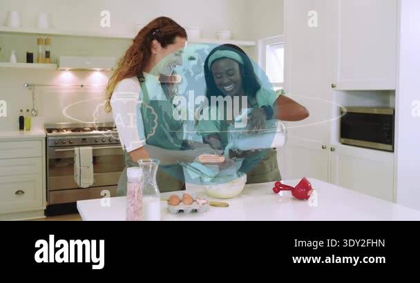 Pouring liquid into bowl animating AI overlay while female friends ...