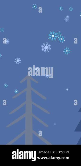Animation of snowflake icons falling over christmas trees icons on blue ...