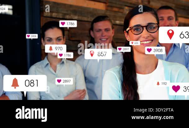 Team standing in office with three social media icons swarming group ...