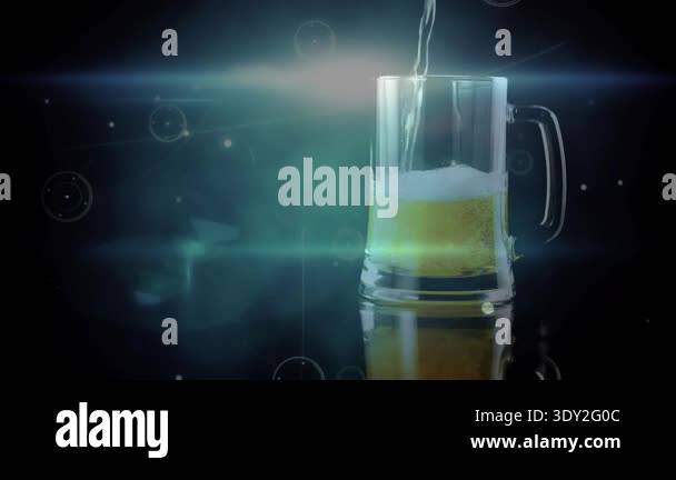 Beer mug filling by pouring liquid creating foam, dark overlays ...