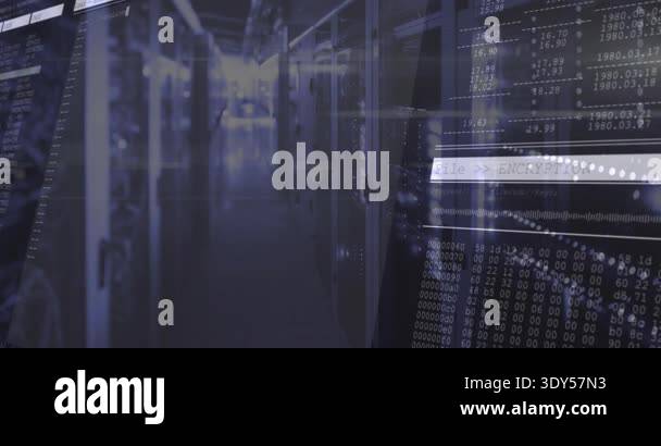 Idle server aisle view starting encryption bar sliding in, data flowing ...