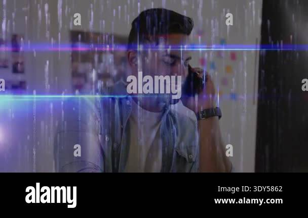 Ringing smartphone, man answering glancing notes confirming with glitch ...