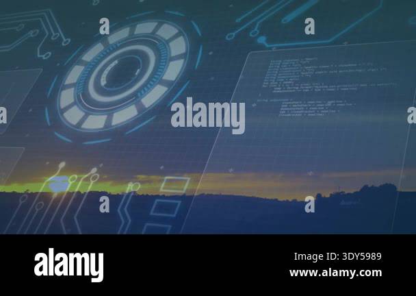 Schematic forming at sunset with HUD spinning pulsing code panel ...
