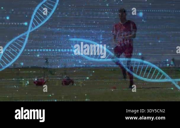 Soccer player starting run across pitch while animated DNA helix ...