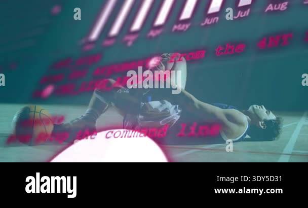 Male athlete lying on court clasping right knee after pain, pink health ...