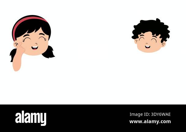 Educational cartoon motion of little boy and girl pointing at their ...