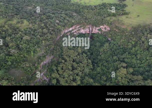 Drone footage showing a tall waterfall dropping into a forested canyon ...