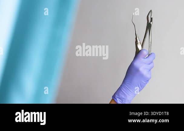 Dental extraction forceps and root tip elevator in gloved hands Stock ...