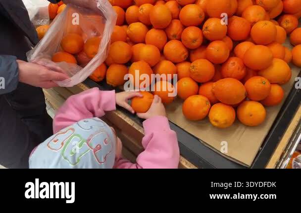 Man and girl choosing fresh ripe oranges in vegetable section ...