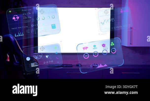 Display powering on, holographic UI panels appearing, drifting and ...