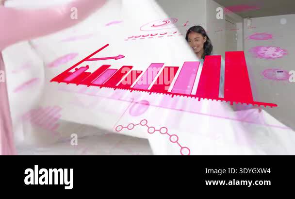 Women shaking duvet smoothing fabric and animating data charts then ...