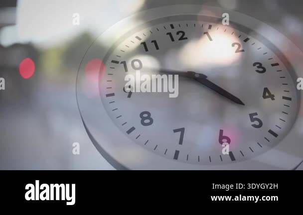 Scene starting, ghosted analog clock centered, minute and hour hands ...