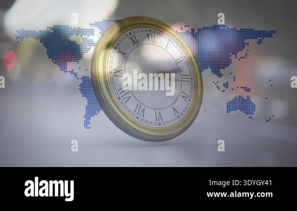 On start brass rim clock rotating, tilting over dotted world map, hands ...