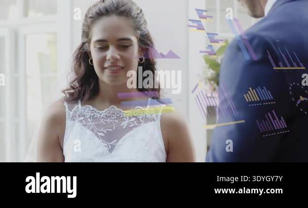 Bride offering smile groom reaching hand as animated chart overlay ...