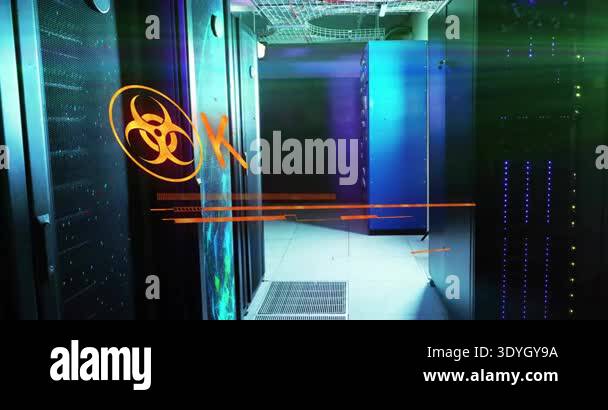 LEDs blinking biohazard icon fading glitching letters into EMERGENCY ...