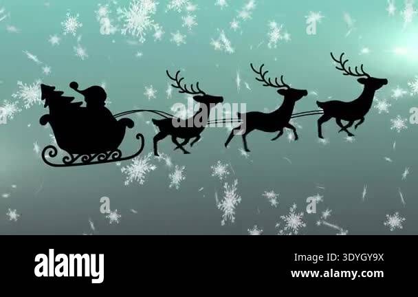 On start silhouette Santa riding sleigh with three reindeer galloping ...