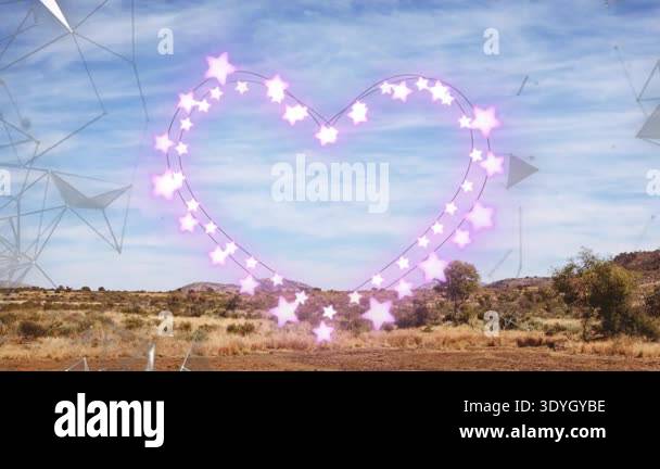 Wireframe clusters drifting in sunlit plain outlining heart shape while ...